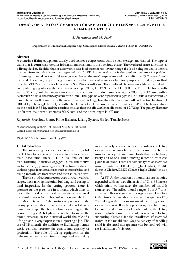 Pdf Design Of A 10 Tons Overhead Crane With 21 Meters Span Using Finite Element Method