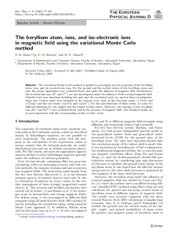 Pdf The Beryllium Atom Ions And Iso Electronic Ions In Magnetic Field Using The Variational