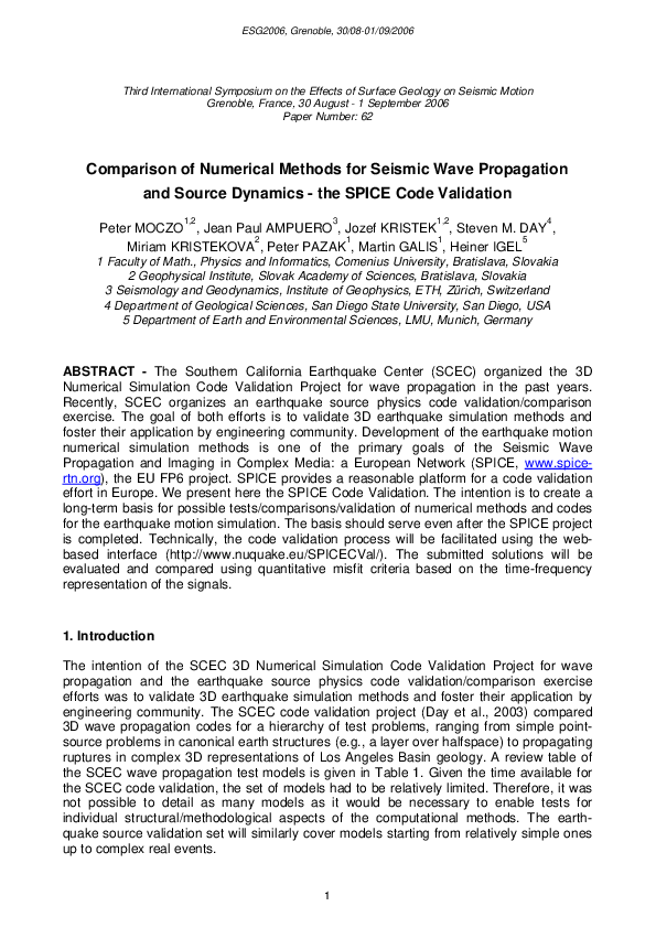 (PDF) Comparison of Numerical Methods for Seismic Wave Propagation and Source Dynamics - the ...