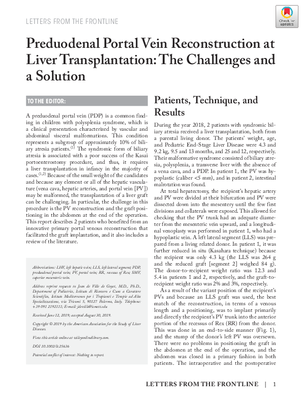 (PDF) Preduodenal Portal Vein Reconstruction at Liver Transplantation: The Challenges and a Solution