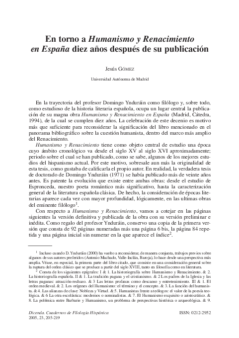 (PDF) En torno a "Humanismo y Renacimiento en España" diez años después de su publicación