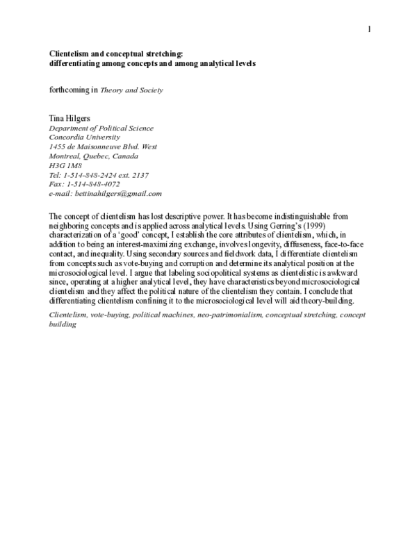 (PDF) Clientelism and conceptual stretching: differentiating among ...