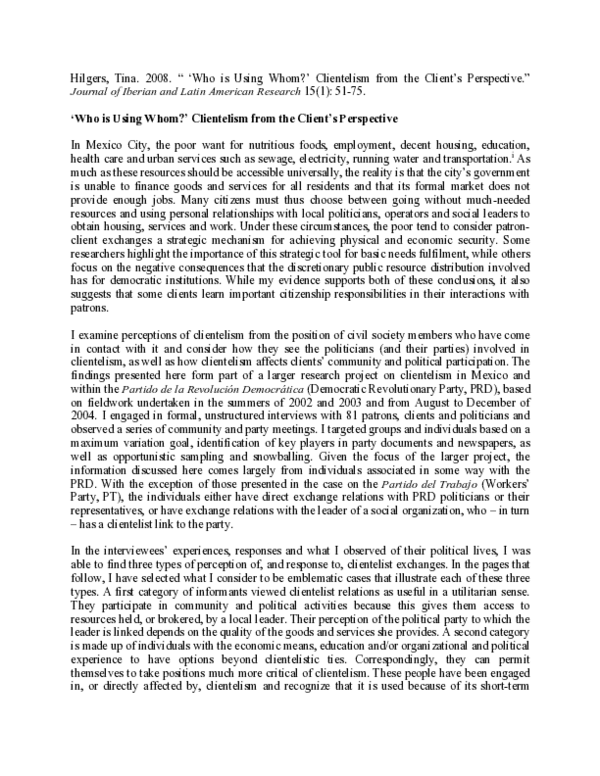 (PDF) ‘Who is Using Whom?’ Clientelism from the Client's Perspective