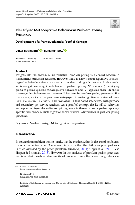 (PDF) Identifying Metacognitive Behavior in Problem-Posing Processes