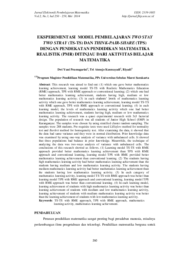 (PDF) Eksperimentasi Model Pembelajaran Two Stay Two Stray (TS-TS) Dan ...