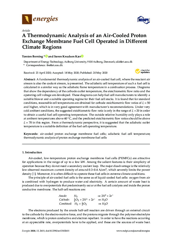 A Thermodynamic Analysis of an Air-Cooled Proton Exchange Membrane Fuel ...