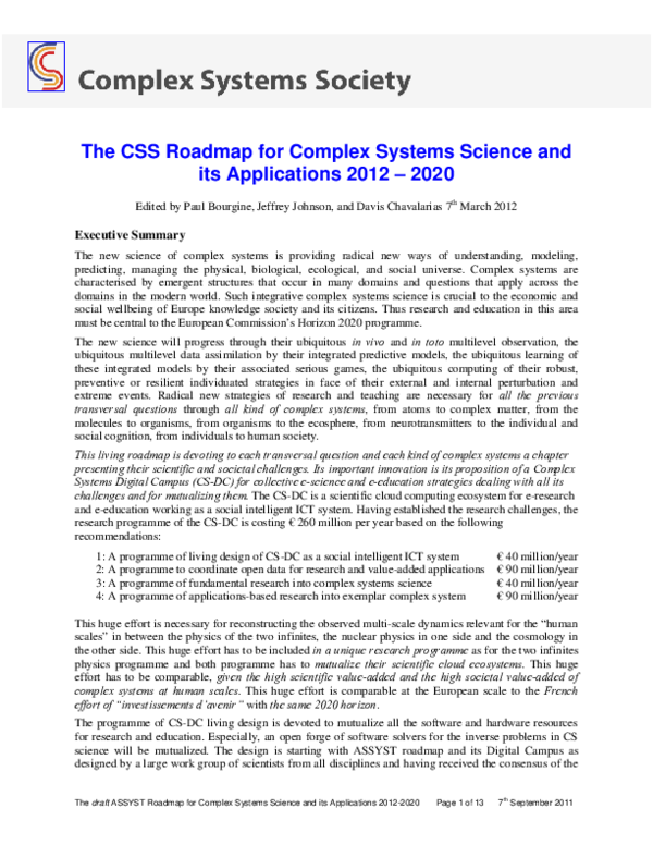(PDF) The CSS Roadmap for Complex Systems Science and its Applications 2012 -2020 | Paul ...