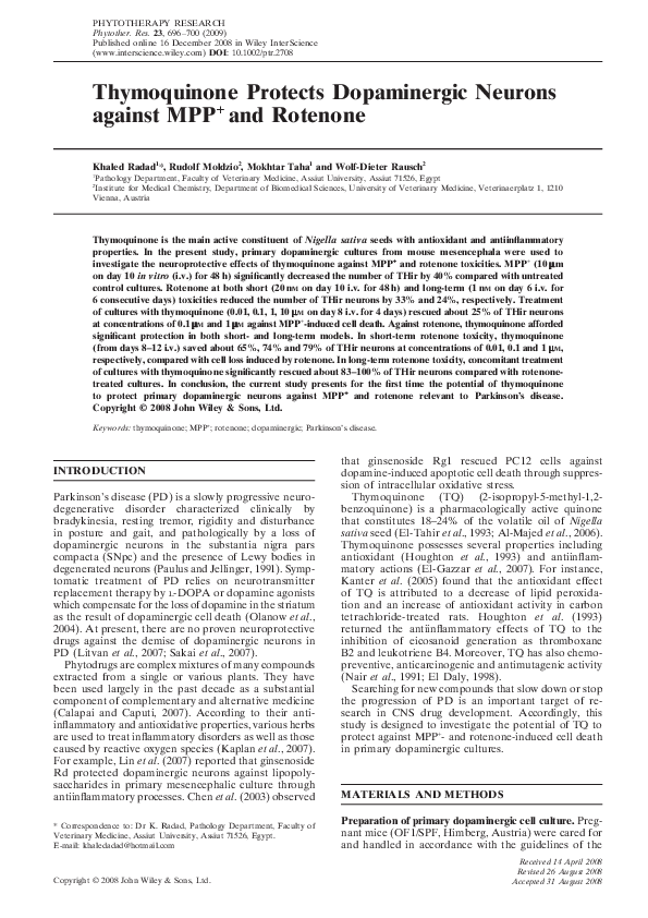 (PDF) Thymoquinone protects dopaminergic neurons against MPP+ and rotenone
