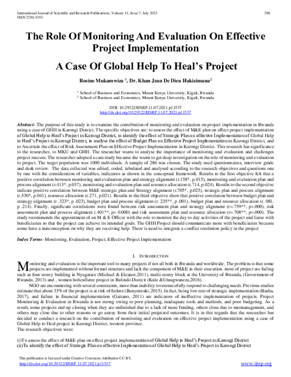 Pdf The Role Of Monitoring And Evaluation On Effective Project Implementation