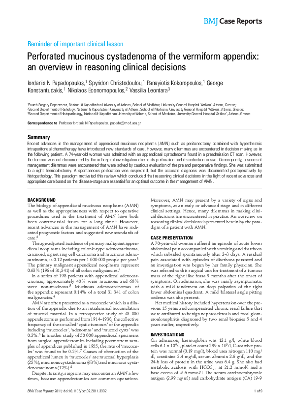 (PDF) Perforated mucinous cystadenoma of the vermiform appendix: an ...