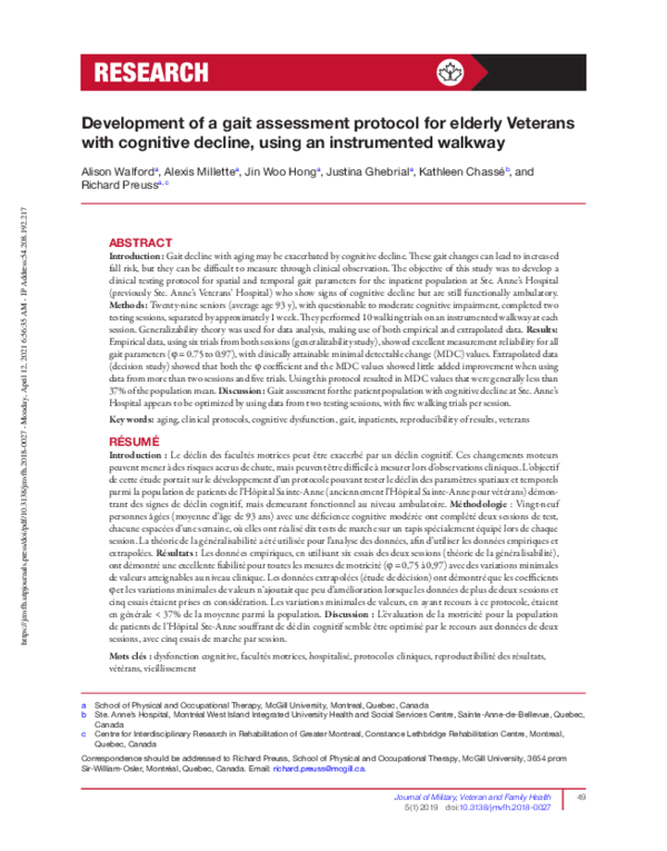 (PDF) Development of a gait assessment protocol for elderly Veterans ...