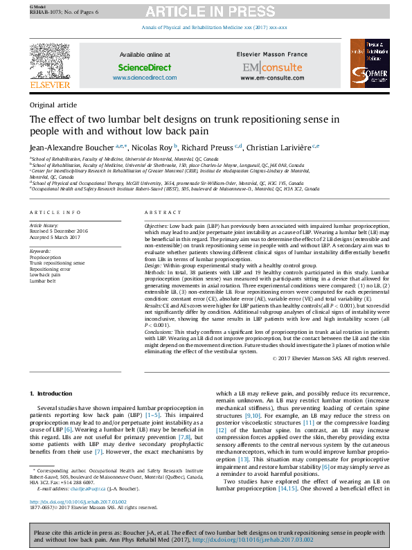 (PDF) The effect of two lumbar belt designs on trunk repositioning ...