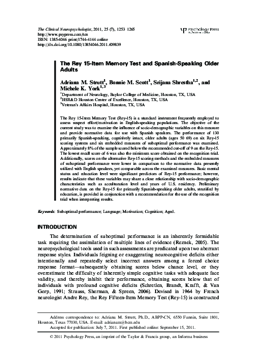 (PDF) The Rey 15-Item Memory Test and Spanish-Speaking Older Adults
