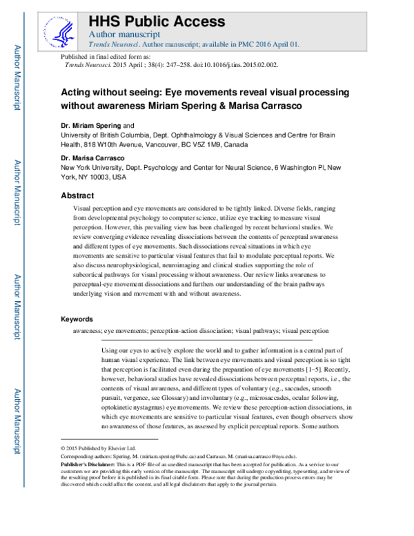 (PDF) Acting without seeing: eye movements reveal visual processing without awareness | Marisa ...