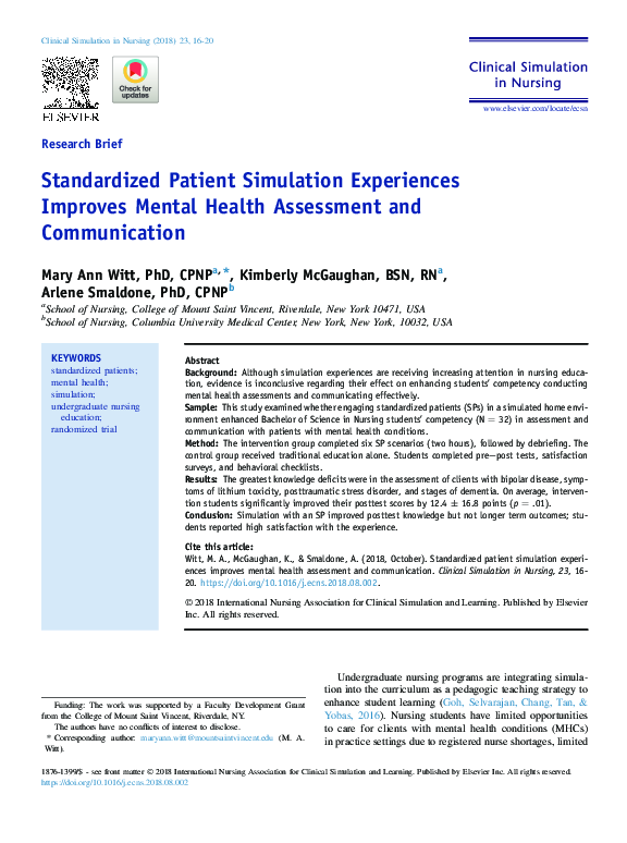 (PDF) Standardized Patient Simulation Experiences Improves Mental Health Assessment and ...