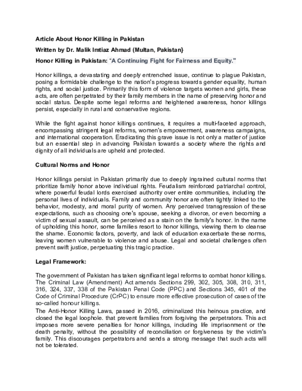 (DOC) Article About Honor Killing in Pakistan