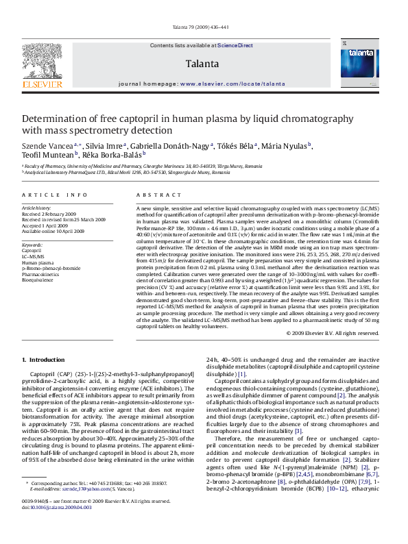 Pdf Determination Of Free Captopril In Human Plasma By Liquid Chromatography With Mass