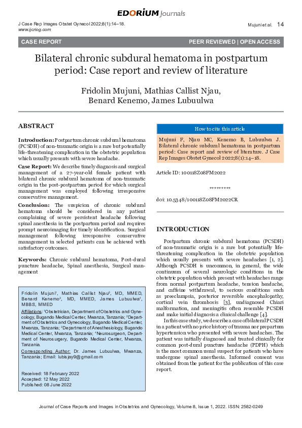 (PDF) Bilateral chronic subdural hematoma in postpartum period: Case report and review of literature
