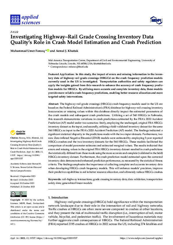 (PDF) Investigating Highway–Rail Grade Crossing Inventory Data Quality’s Role in Crash Model ...