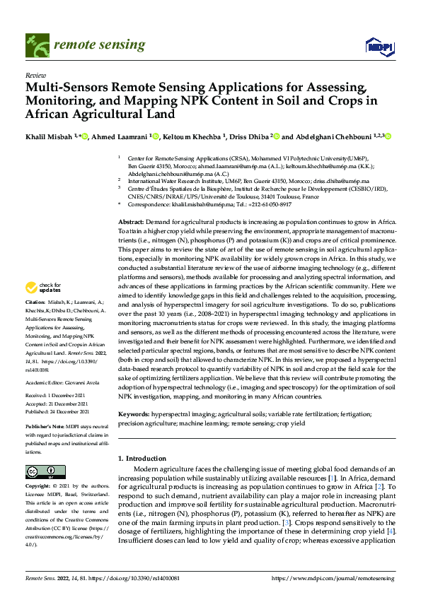 (PDF) Multi-Sensors Remote Sensing Applications for Assessing, Monitoring, and Mapping NPK ...