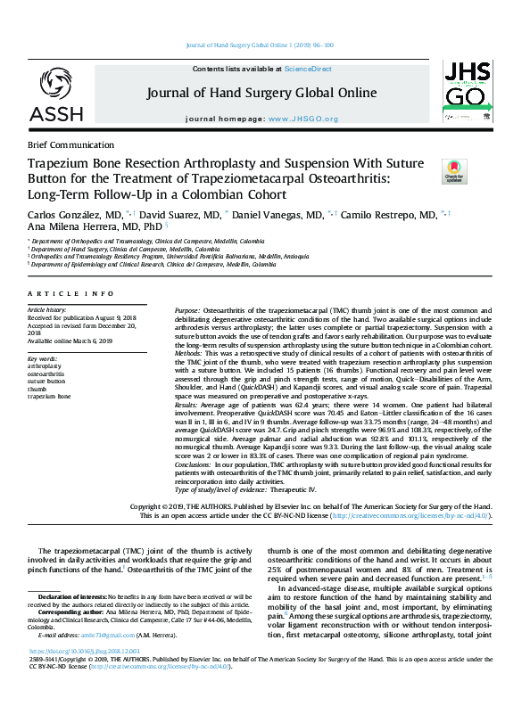 (PDF) Trapezium Bone Resection Arthroplasty and Suspension With Suture ...