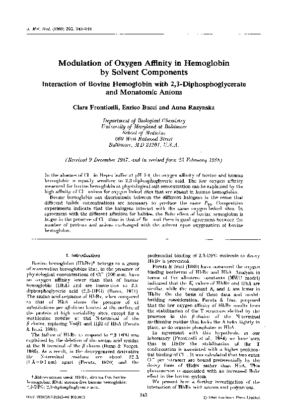 (PDF) Modulation of oxygen affinity in hemoglobin by solvent components ...