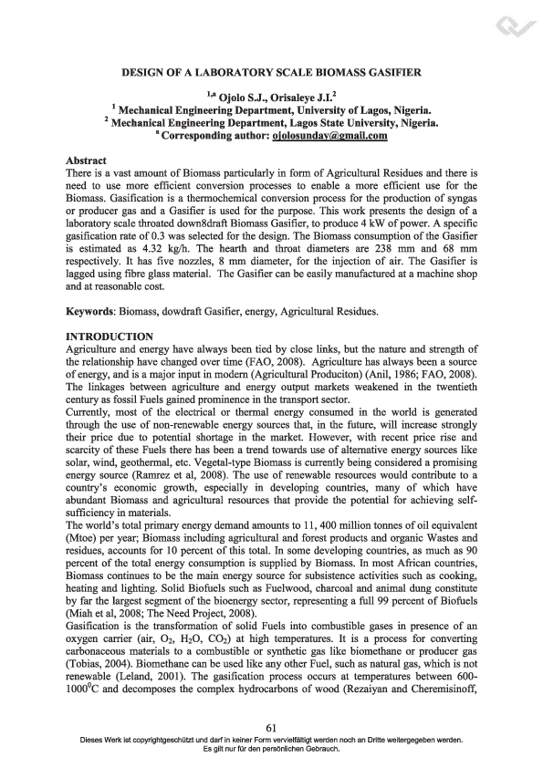(PDF) DESIGN OF A LABORATORY SCALE BIOMASS GASIFIER