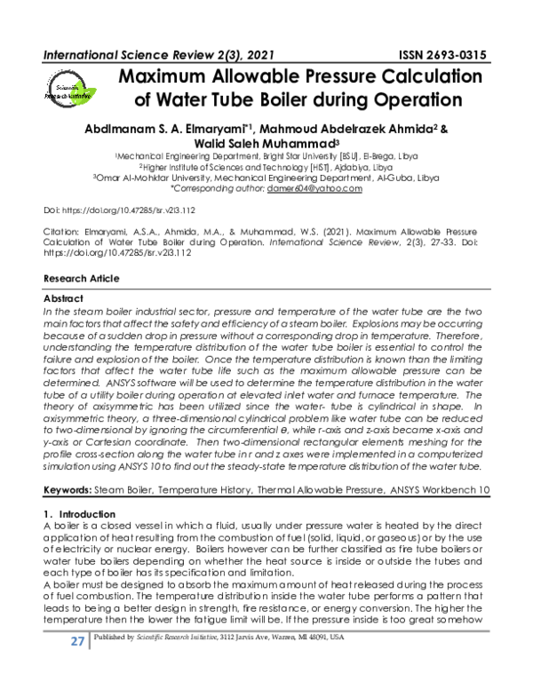 (PDF) Maximum Allowable Pressure Calculation of Water Tube Boiler during Operation
