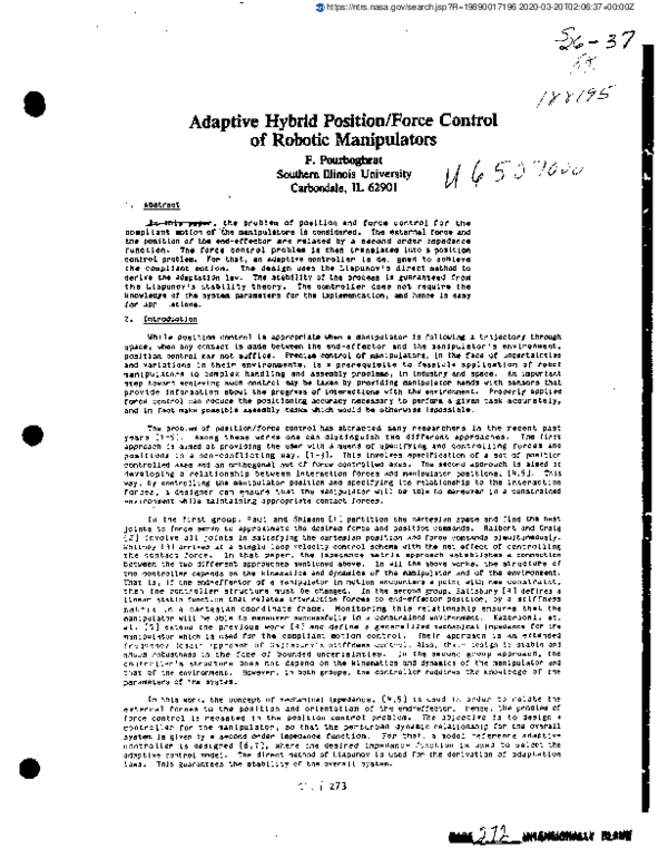 Pdf Adaptive Hybrid Position Force Control Of Robotic Manipulators