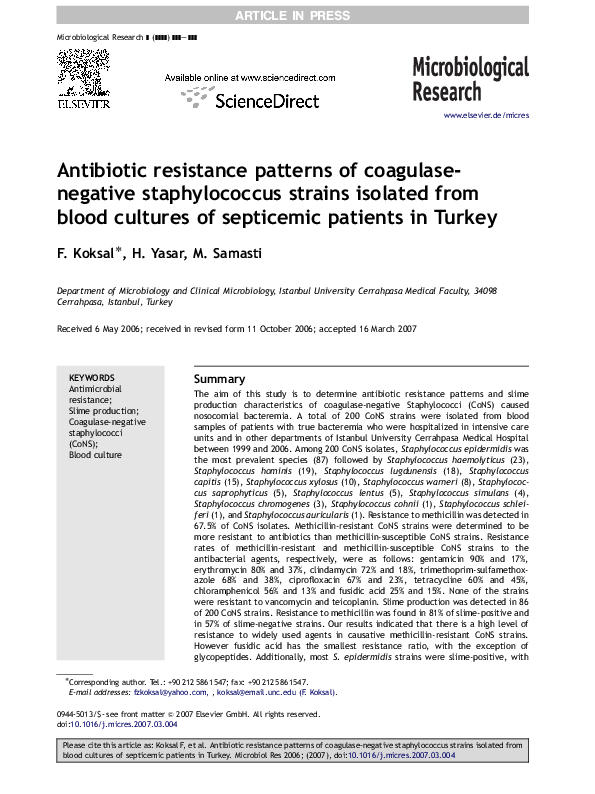 (PDF) Antibiotic resistance patterns of coagulase-negative ...