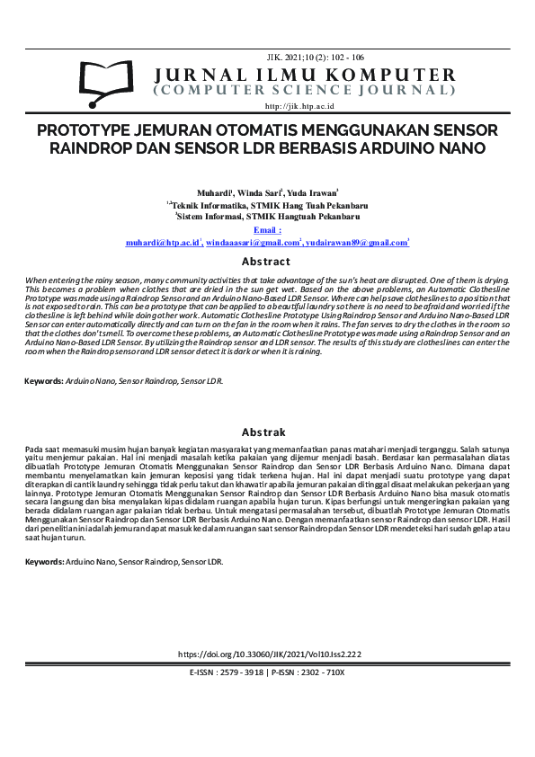 Pdf Prototype Jemuran Otomatis Menggunakan Sensor Raindrop Dan Sensor Ldr Berbasis Arduino Nano
