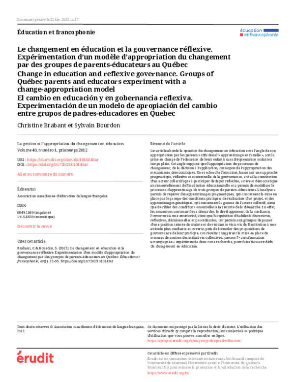 (PDF) Le changement en éducation et la gouvernance réflexive. Expérimentation d’un modèle d ...