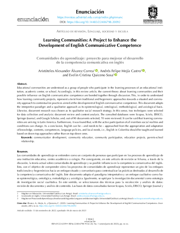 (PDF) Learning Communities: A Project to Enhance the Development of English Communicative Competence