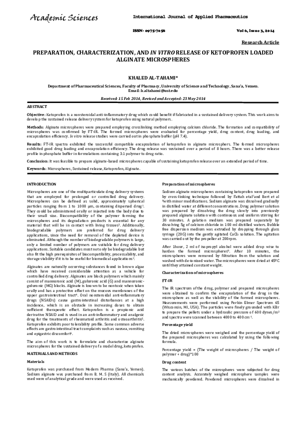 (PDF) Preparation, characterization, and in vitro release of ketoprofen loaded alginate microspheres