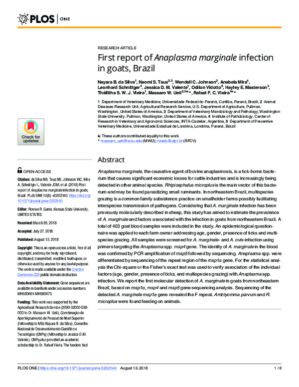 (PDF) First report of Anaplasma marginale infection in goats, Brazil