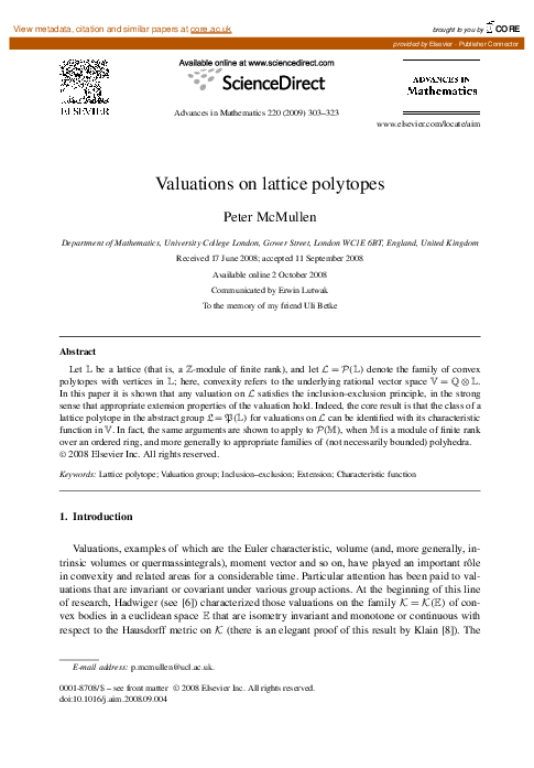 (PDF) Valuations on lattice polytopes | Peter McMullen - Academia.edu