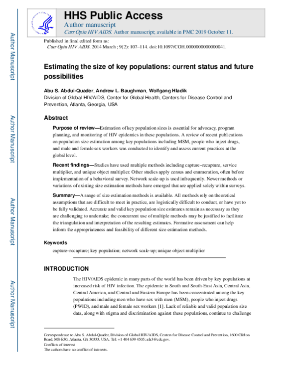 Pdf Estimating The Size Of Key Populations Abu Abdul Quader