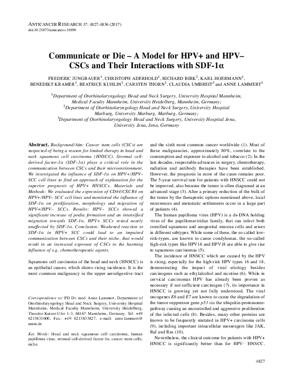 (PDF) Communicate or Die – A Model for HPV+ and HPV– CSCs and Their ...