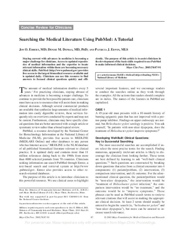 (PDF) Searching the Medical Literature Using PubMed: A Tutorial