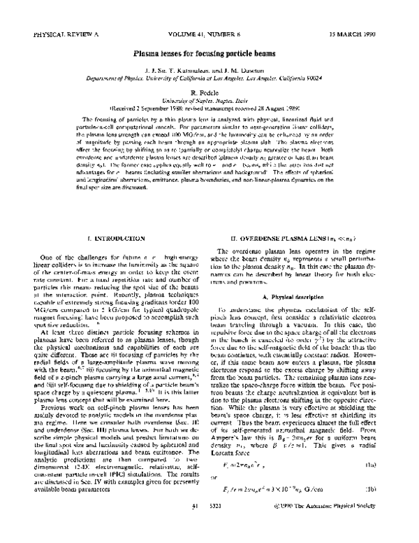 (PDF) Plasma lenses for focusing particle beams