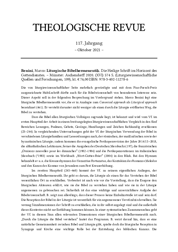 (PDF) Benini, Marco: Liturgische Bibelhermeneutik. Die Heilige Schrift ...