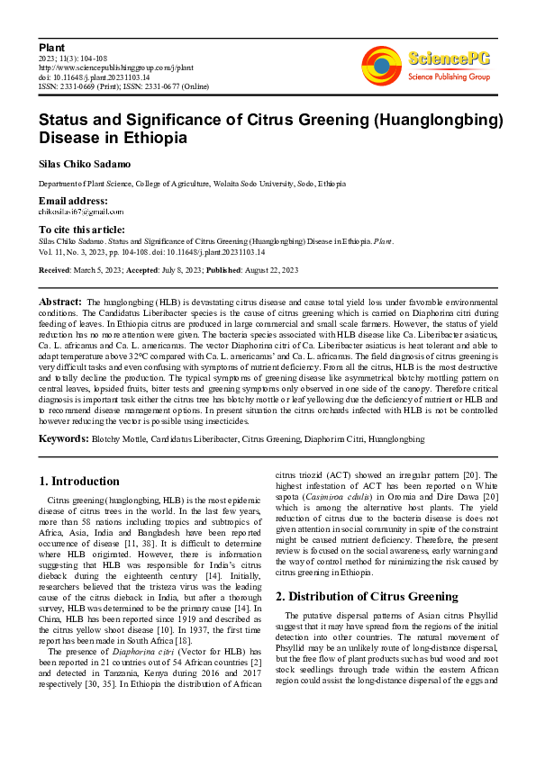(PDF) Status and Significance of Citrus Greening (Huanglongbing ...
