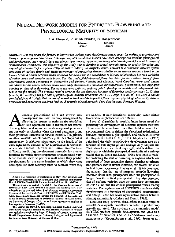 (PDF) Neural Network Models for Predicting Flowering and Physiological Maturity of Soybean