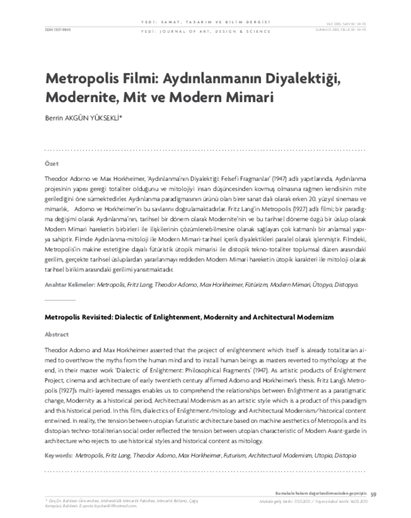 (PDF) Metropolis Filmi: Aydınlanmanın Diyalektiği, Modernite, Mit ve Modern Mimari