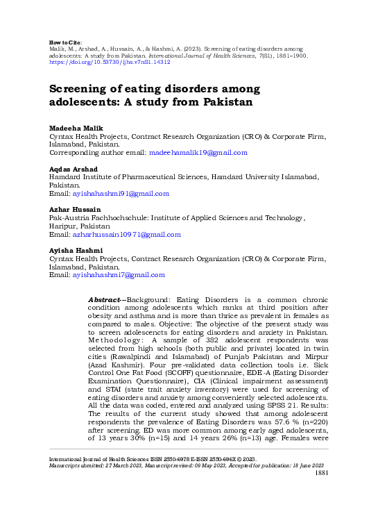 (PDF) Screening of eating disorders among adolescents | Madeeha Malik ...
