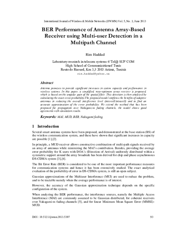 Pdf Ber Performance Of Antenna Array Based Receiver Using Multi User Detection In A Multipath