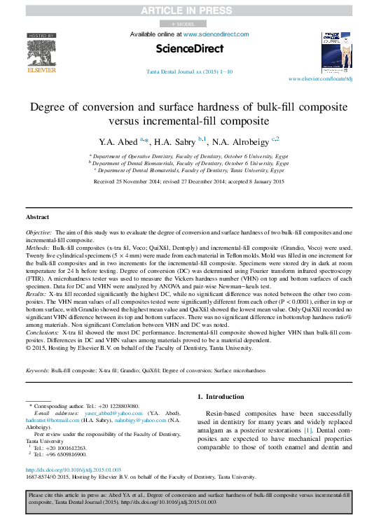 Pdf Degree Of Conversion And Surface Hardness Of Bulk Fill Composite
