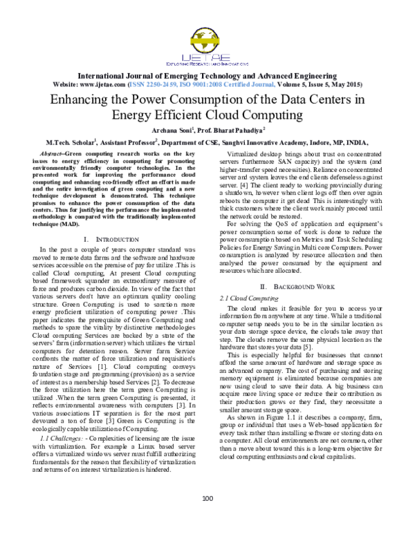 (PDF) Enhancing the Power Consumption of the Data Centers in Energy Efficient Cloud Computing