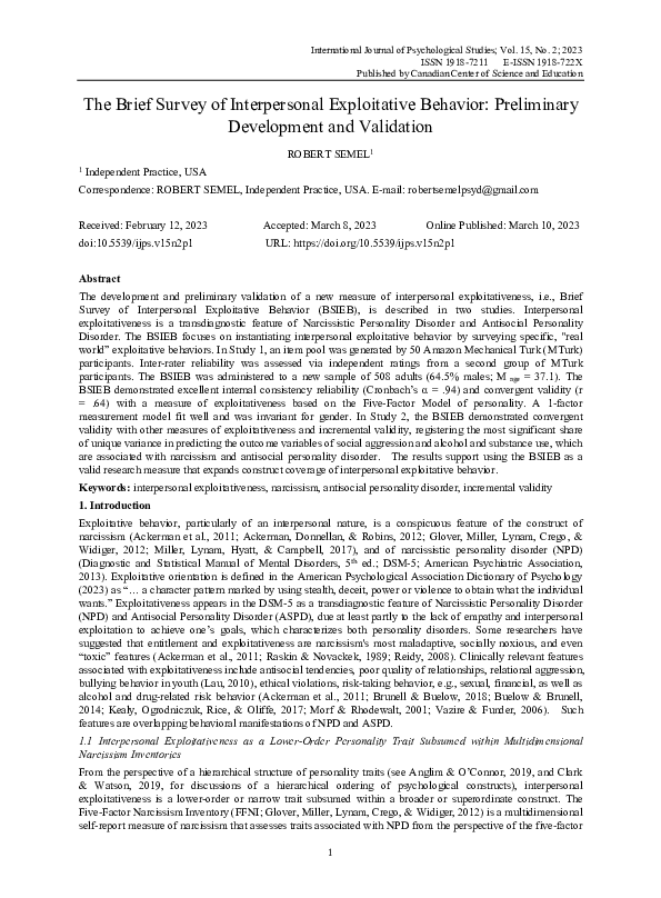 (PDF) The Brief Survey of Interpersonal Exploitative Behavior: Preliminary Development and ...