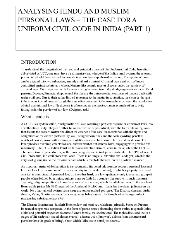 (DOC) ANALYSING HINDU AND MUSLIM PERSONAL LAWS – THE CASE FOR A UNIFORM ...